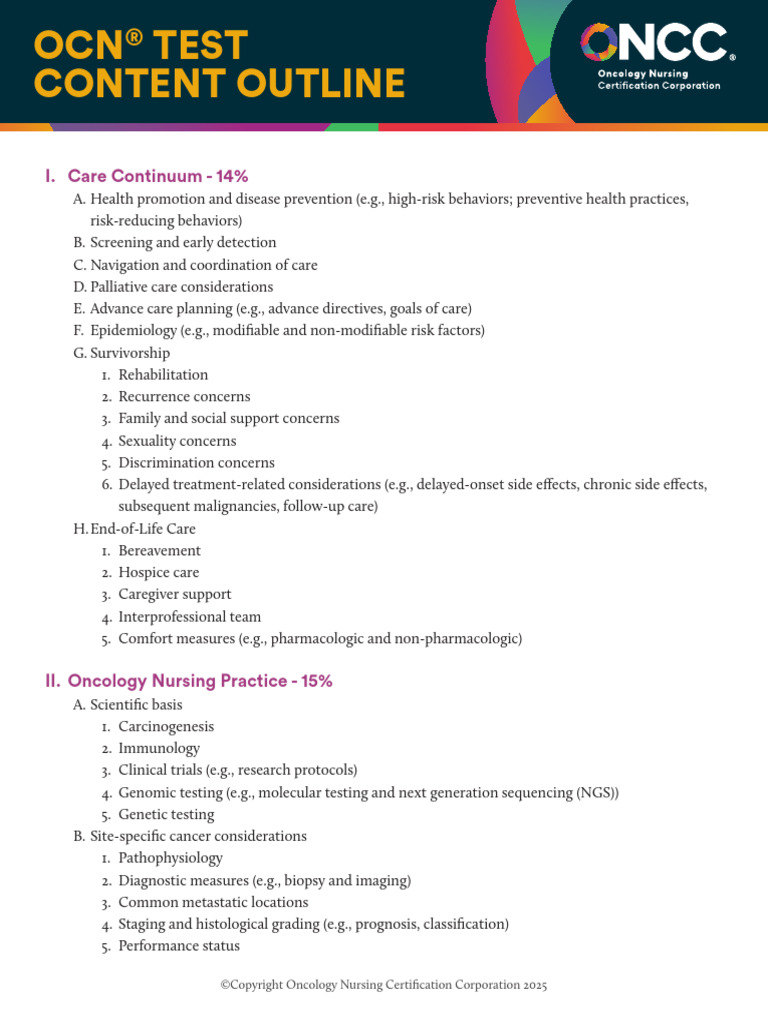 2026 OCN Test Content Outline | PDF | Oncology | Medical Specialties