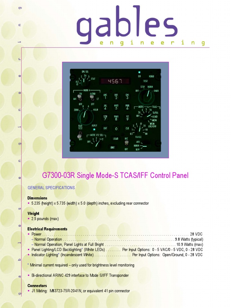 g7300-03r Tcas - Iff Control Panel | Switch | Transponder (Aeronautics)