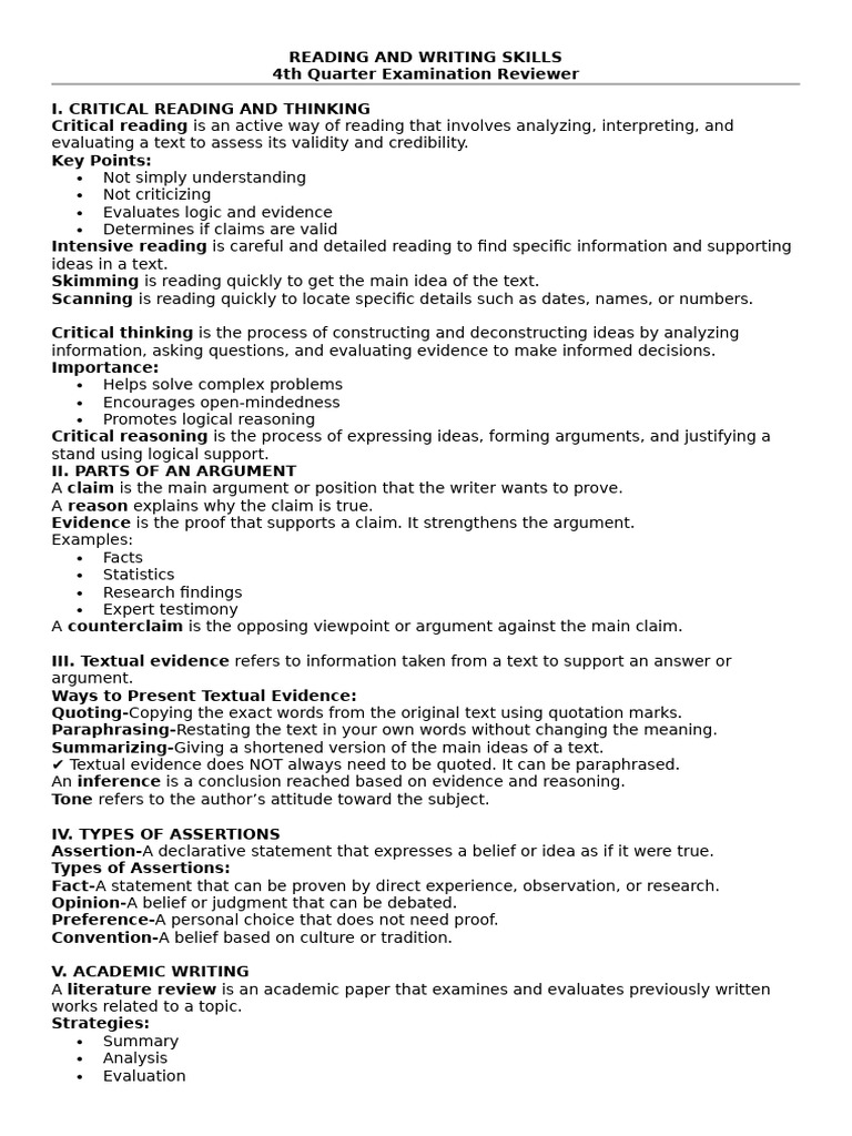 q4 Reviewer in Reading and Writing Skills | PDF | Argument | Critical ...