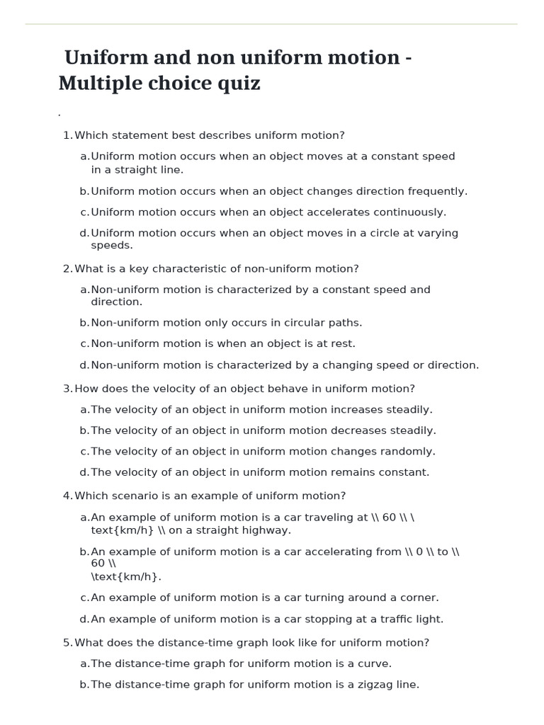 Uniform and Non Uniform Motion - Multiple Choice Quiz | PDF ...