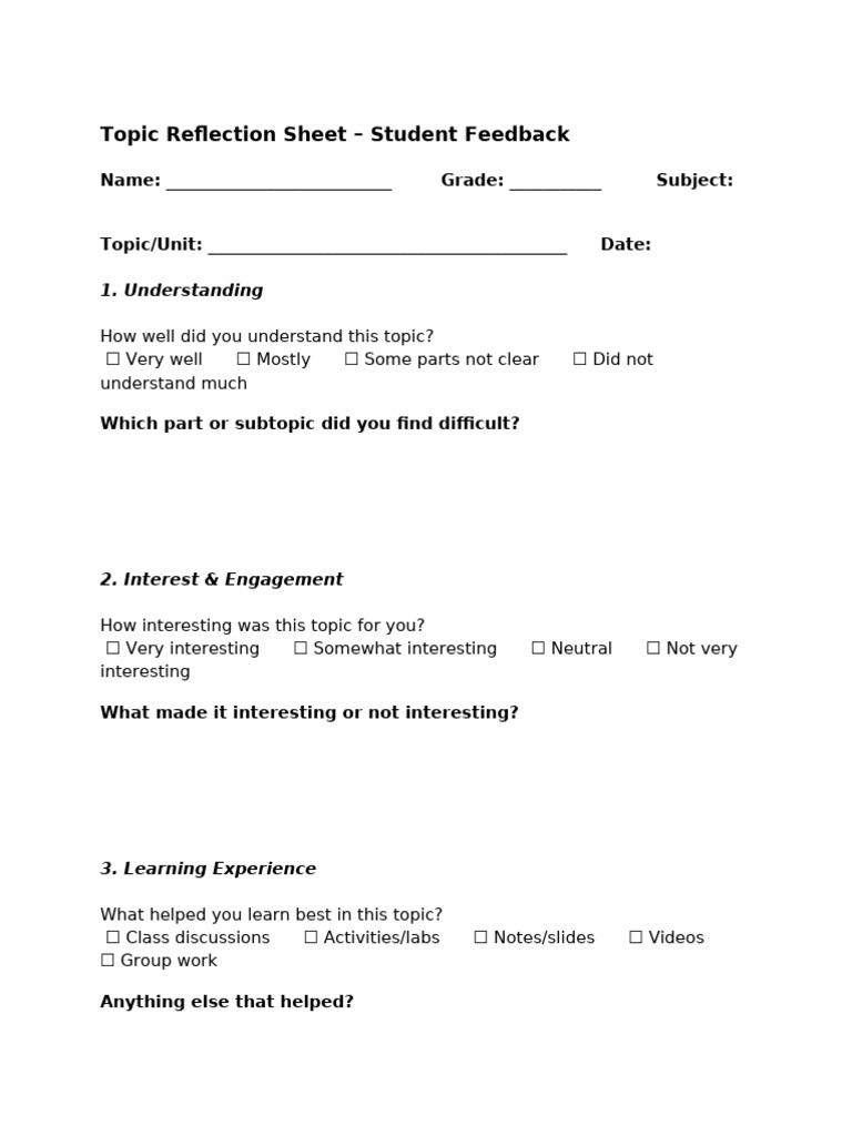 Topic Reflection Sheet – Student Feedback | PDF