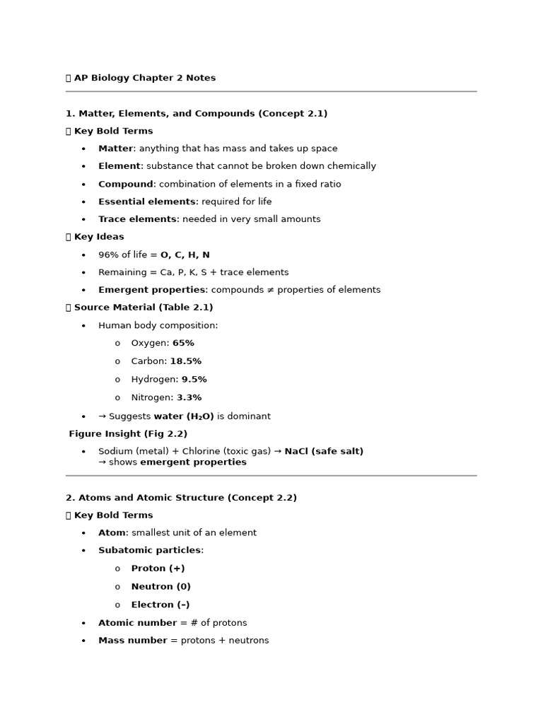 ? AP Biology Chapter 2 Notes | PDF | Chemical Bond | Chemical Elements
