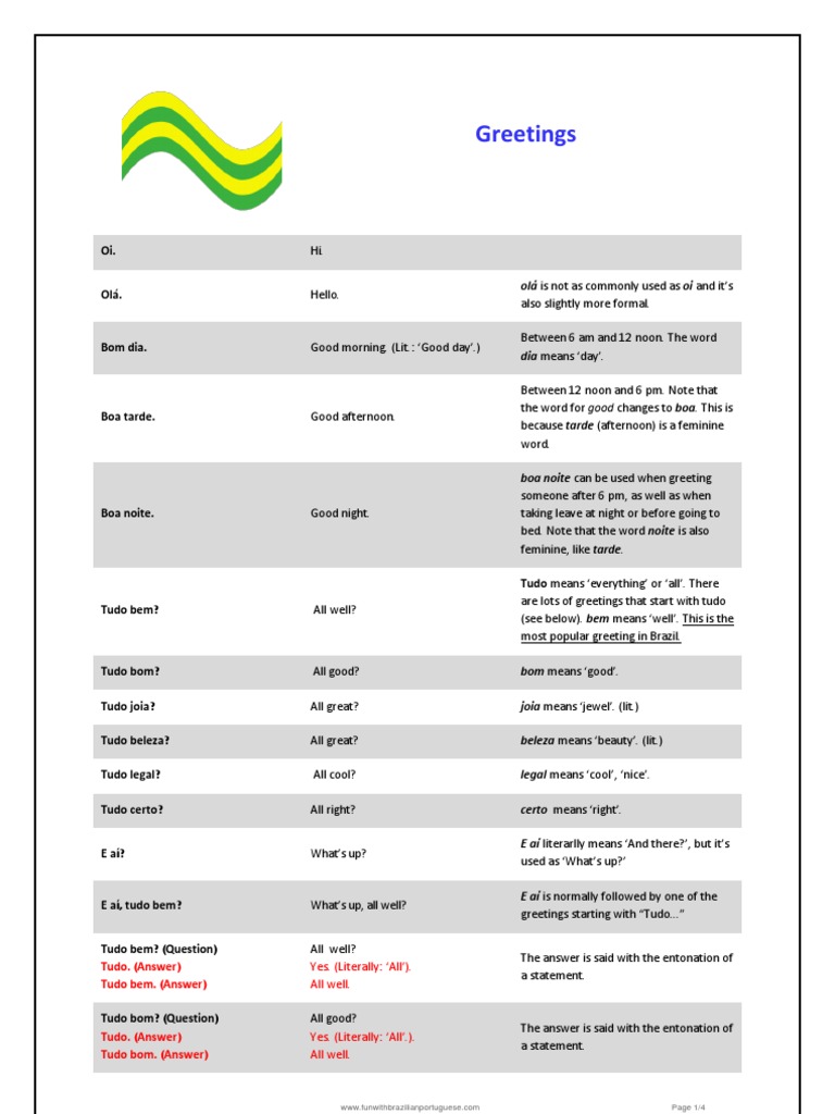 Greetings: Tudo. (Answer) Tudo Bem. (Answer) | PDF | Grammatical Gender ...