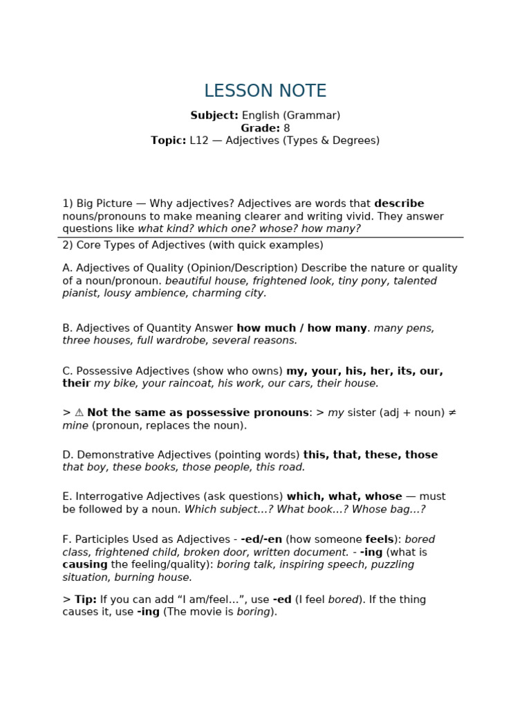 Lesson Notes G8 English L12 Adjectives Types and Degrees (1) | PDF ...