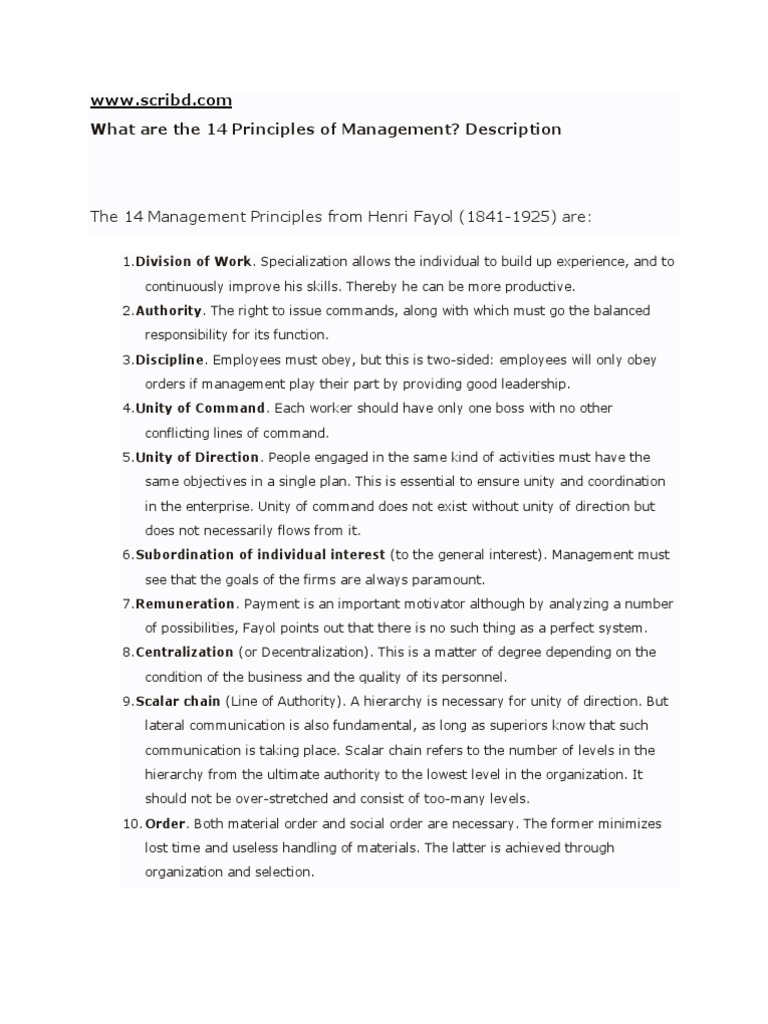 Henri Fayol's 14 Management Principles | PDF