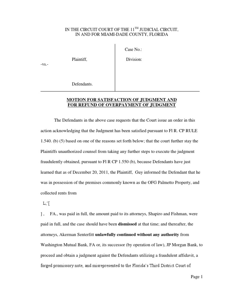 Motion for Satisfaction of Judgment | Washington Mutual | Chase Bank