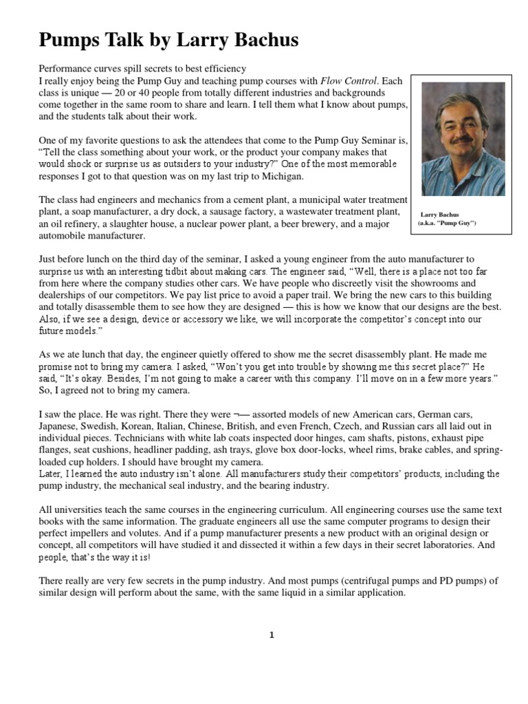 Pumps Talk by Larry Bachus | PDF | Pump | Instrumentation