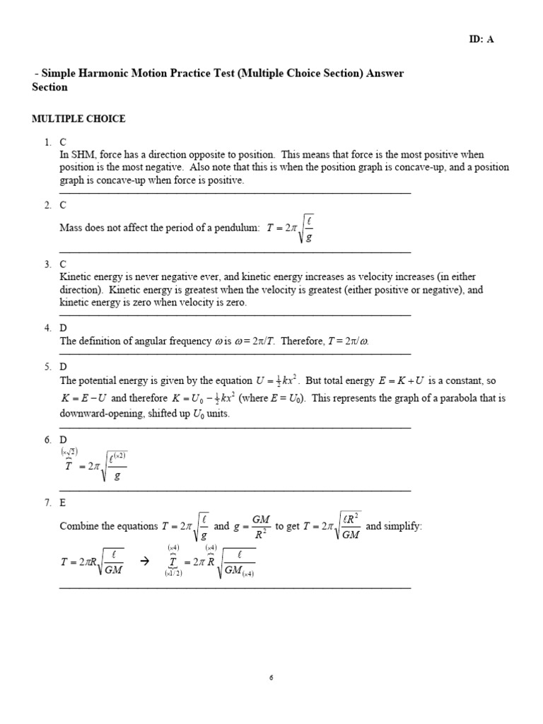 Practice+Test+MC+(SOLUTIONS)+ +Unit+P1 07+(Simple+Harmonic+Motion) | PDF