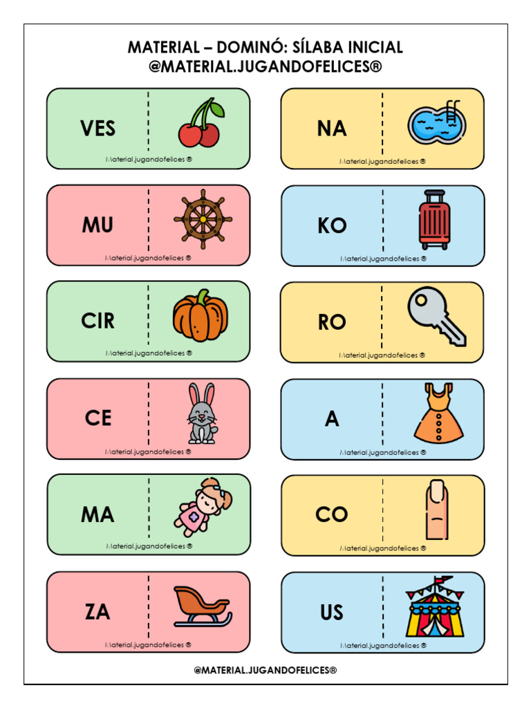 Material.jugandofelices - Dominó de pictogramas y sílaba inicial ...