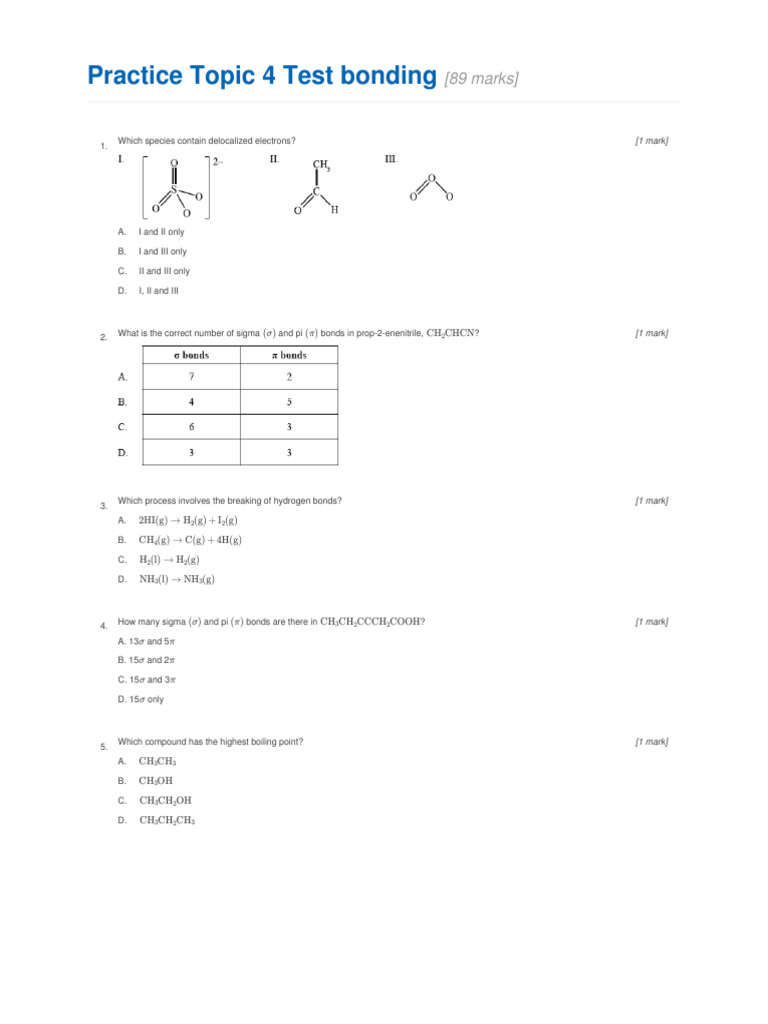 Practice Topic 4 Test Bonding Questions Only | PDF | Chemical Bond ...