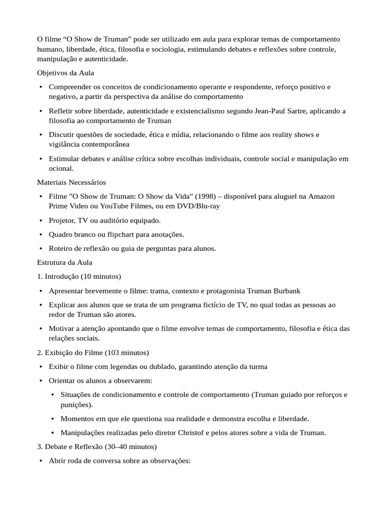 Plano de aula Filme O Show de Truman | PDF | Existencialismo | Liberdade