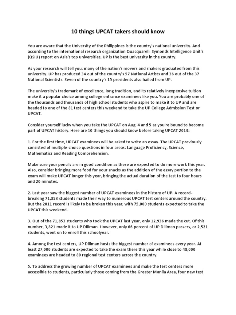 Essential UPCAT Tips for Examinees | PDF | Test (Assessment) | Quality ...
