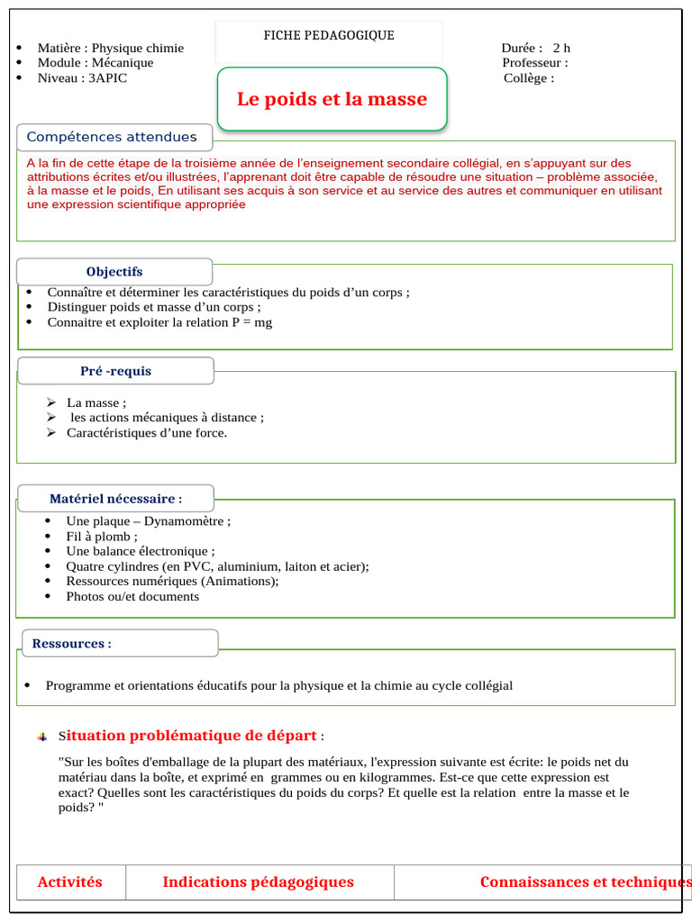 Fiche 1 . Le Poids Et La Masse | PDF | Poids | Masse