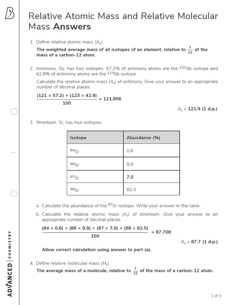 Relative Atomic Mass and Relative Molecular Mass Answers With Workings ...