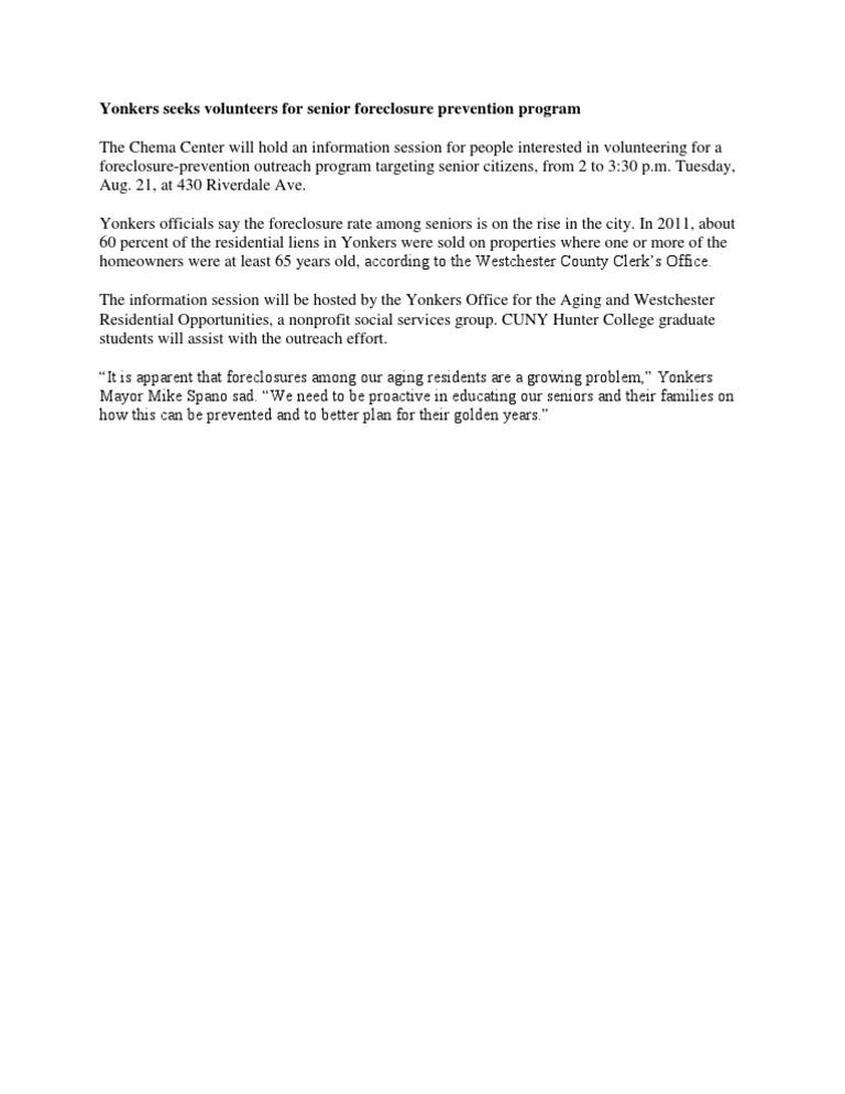 Yonkers Seeks Volunteers for Senior Foreclosure Program | PDF