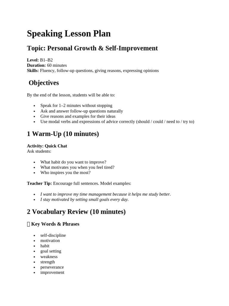 Speaking Lesson Plan for Personal Growth and Development | PDF ...