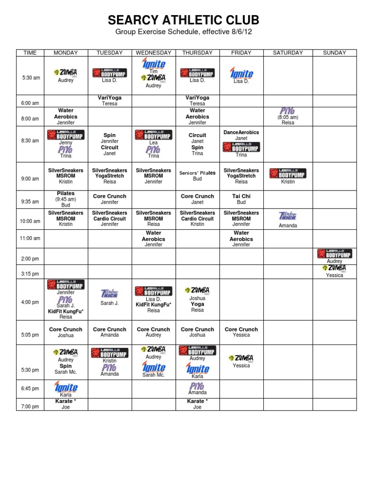 Searcy Athletic Club Exercise Schedule | PDF | Sports & Recreation