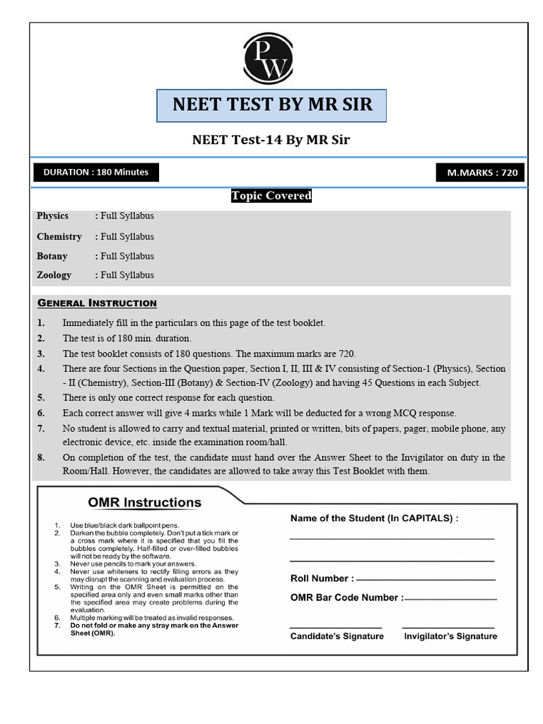 Test 14 Physics by MR Sir NEET 2026 | PDF | Capacitor | Series And ...