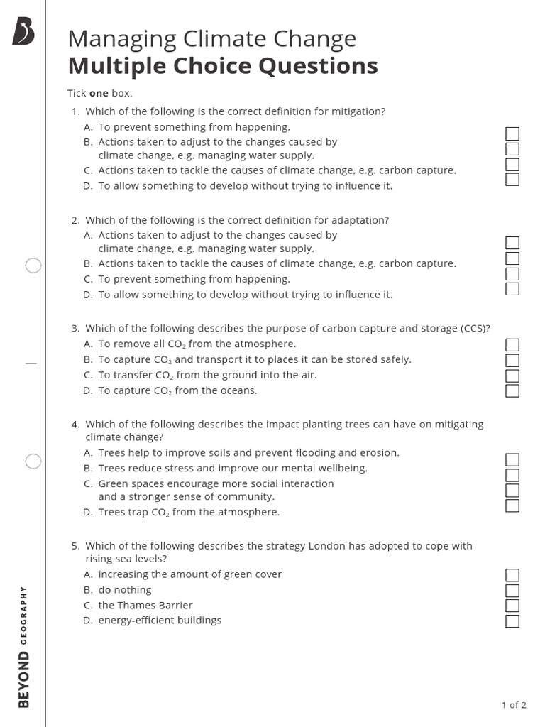 Managing Climate Change Multiple Choice Questions Worksheet | PDF ...