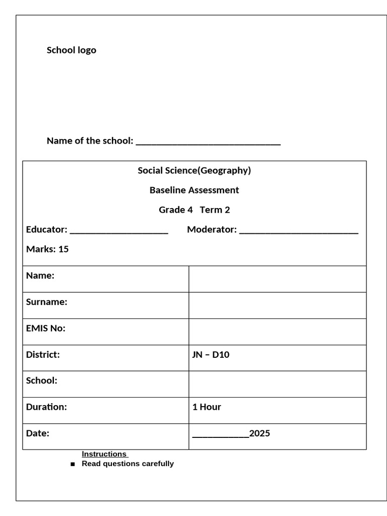 Grade 4 Geography Baseline Term 2 2025[1] | PDF