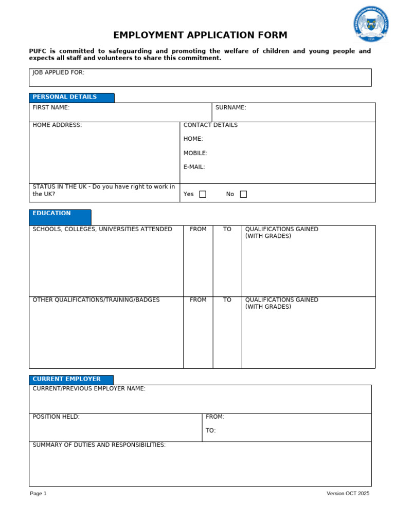 PUFC Employment Application Form | PDF | Law Enforcement | Crime & Violence