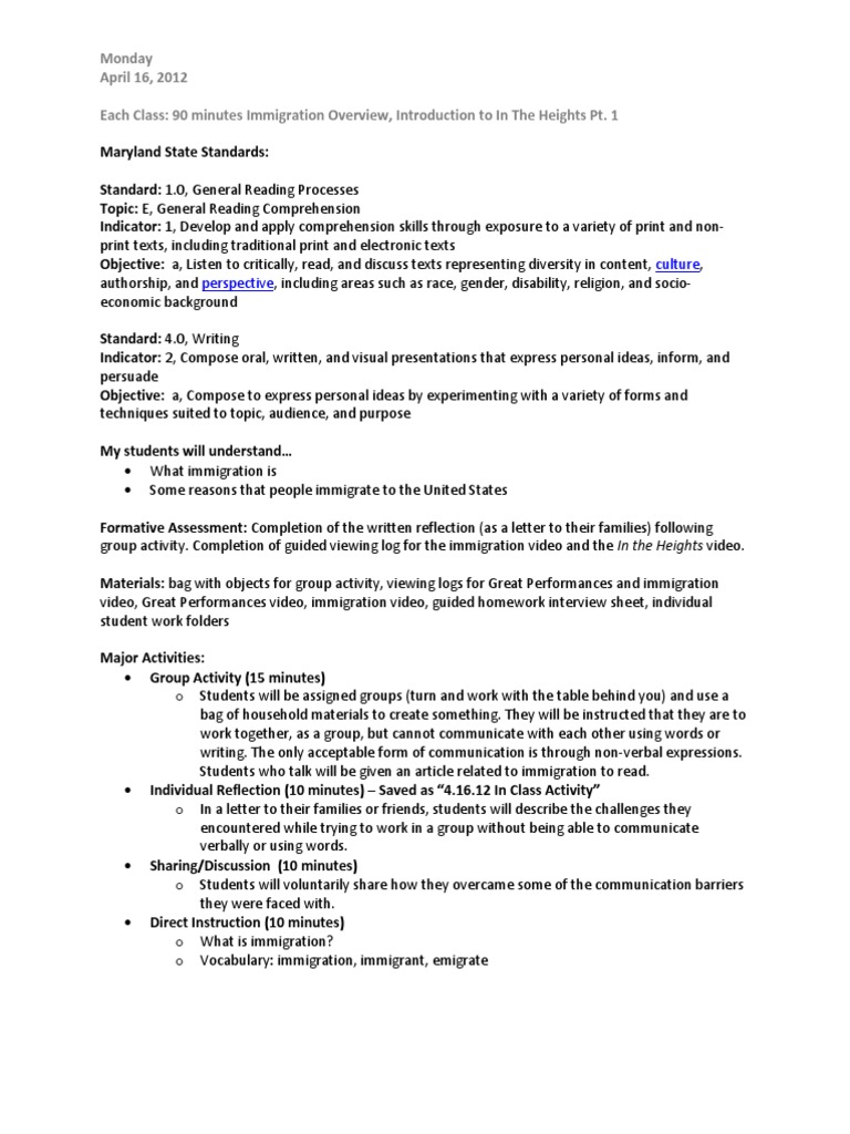  In The Heights 5th Grade Language Arts Unit Day 1 Lesson Plan 