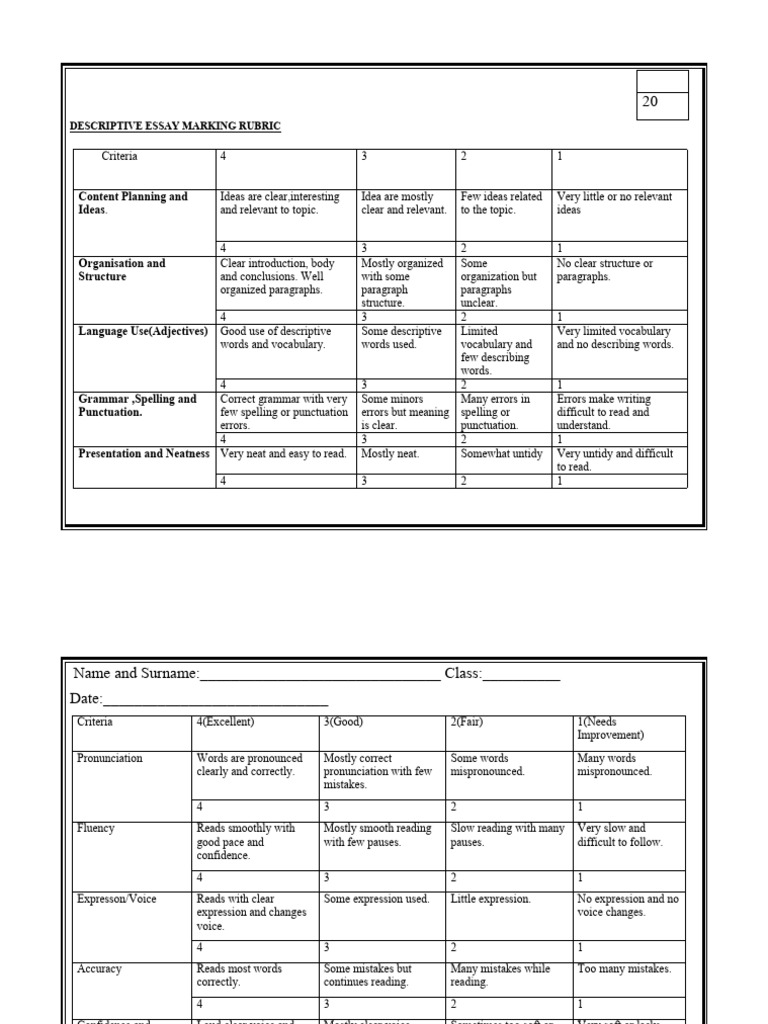 Grade 4 Reading and Essat rubric | PDF | Word | Writing