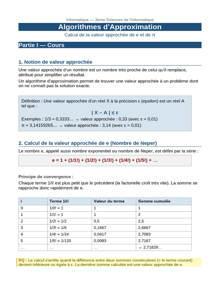 approximation_e_pi | PDF | Algorithmes | Objets mathématiques