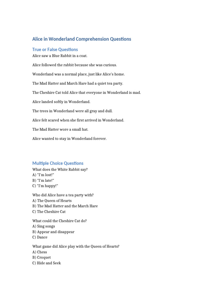 Alice in Wonderland Questions and Answers | PDF | Alice's Adventures In ...