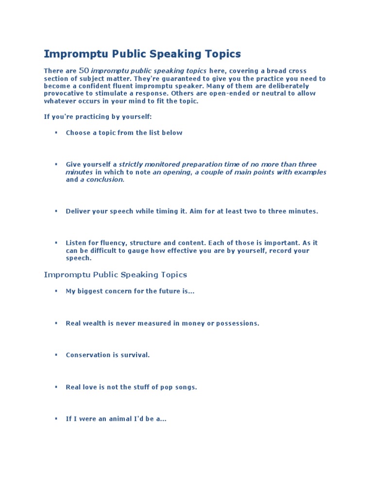 50 Impromptu Public Speaking Topics | PDF | Public Speaking | Mind