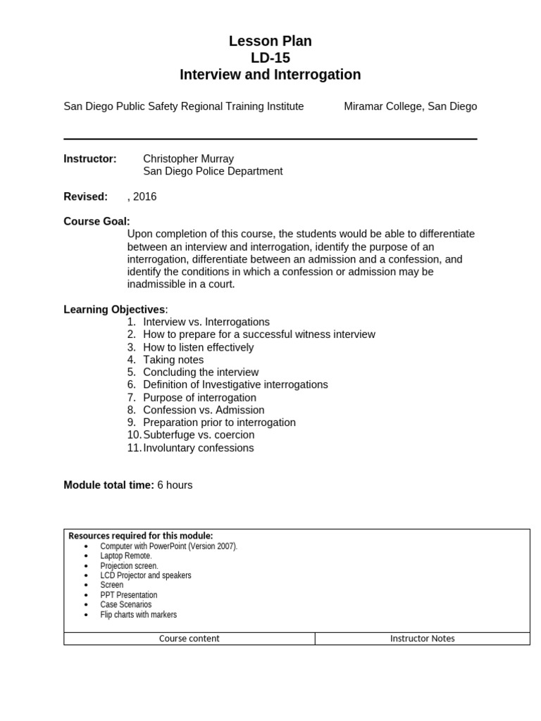 LD15 Interview and Interrogations - Lesson Plan (Murray) Copy | PDF