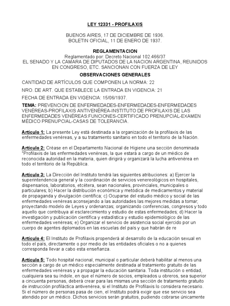 Ley 12331 Profilaxis | PDF | Infección transmitida sexualmente | Hospital