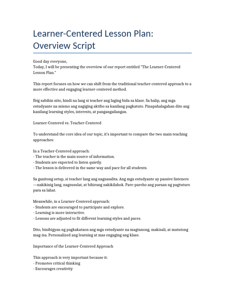Learner Centered Lesson Plan Overview Script | PDF | Lesson Plan | Learning