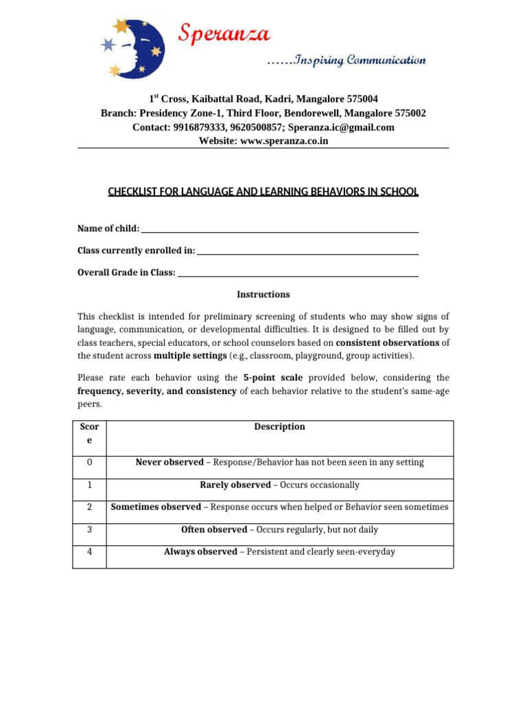 Final Organized Language and Disability Screening Checklist | PDF ...