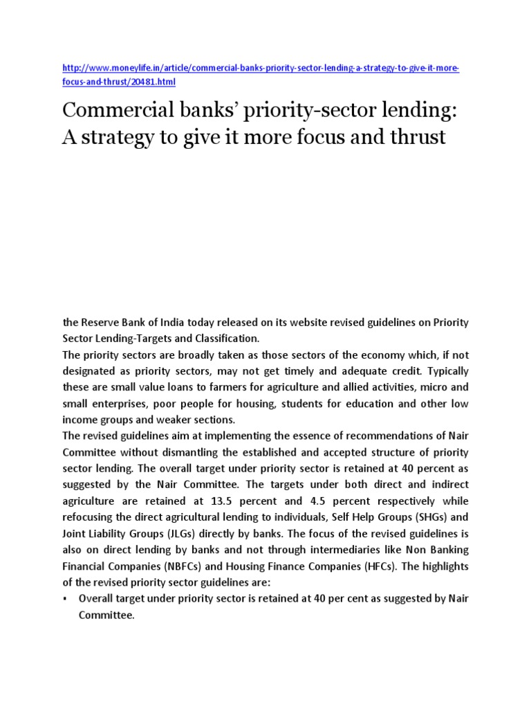 Commercial Banks' Priority-Sector Lending: A Strategy To Give It More ...