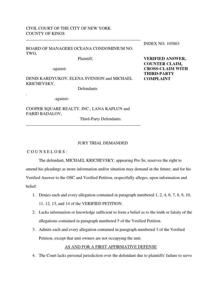 Verified Answer, Counter Claim, Cross-Claim With Third-Party Complaint ...