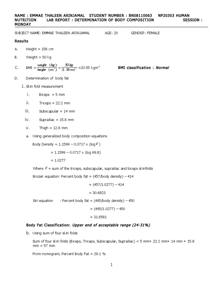 Body Composition Lab Report-Complete | PDF | Body Mass Index | Obesity