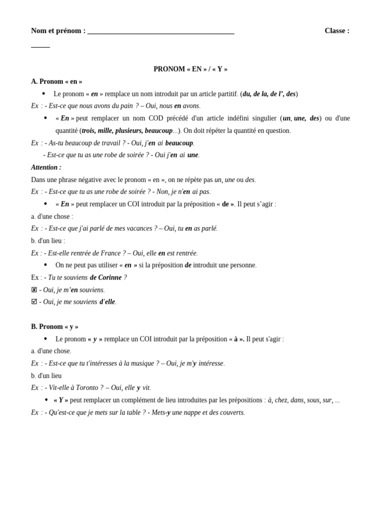 'En, y' + Exercice pronom COD, COI | PDF | Pronom | Complément d'objet