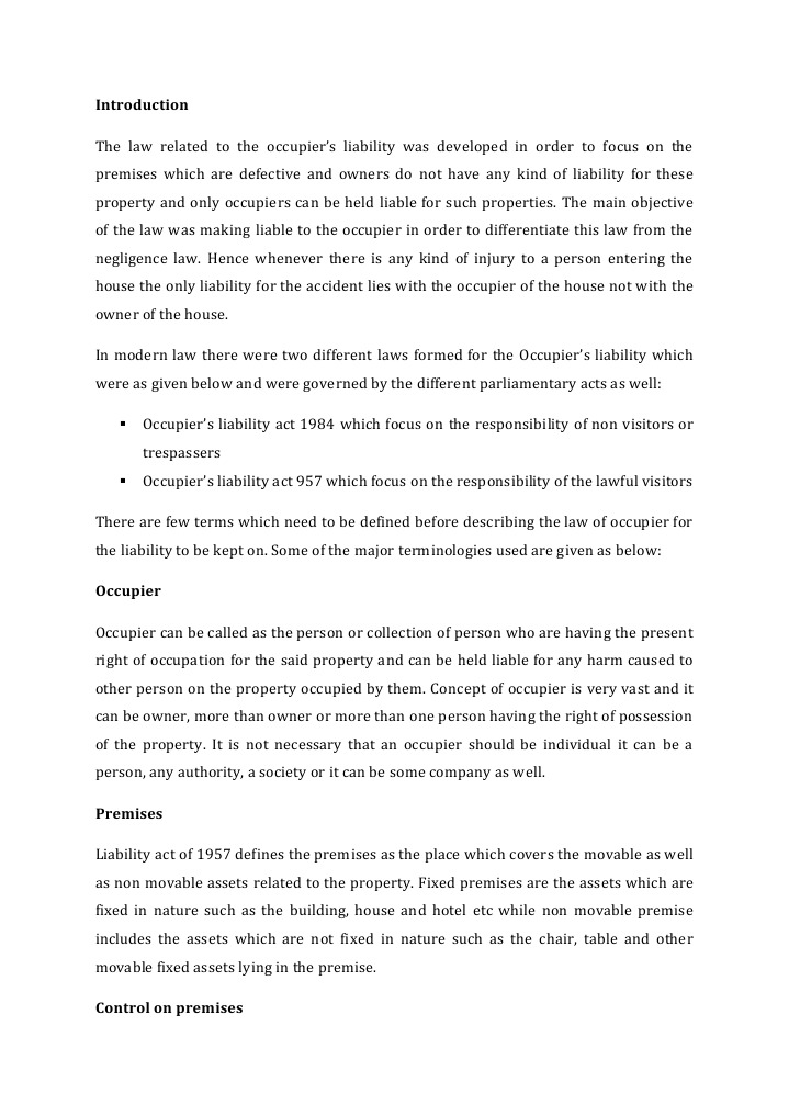 Application of Occupier's Liability Act To The Construction Industry ...