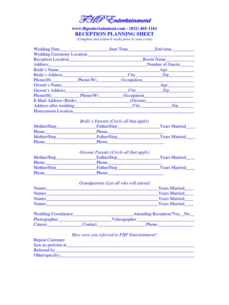 Wedding Reception Planning Sheet | PDF | Wedding | Musicians