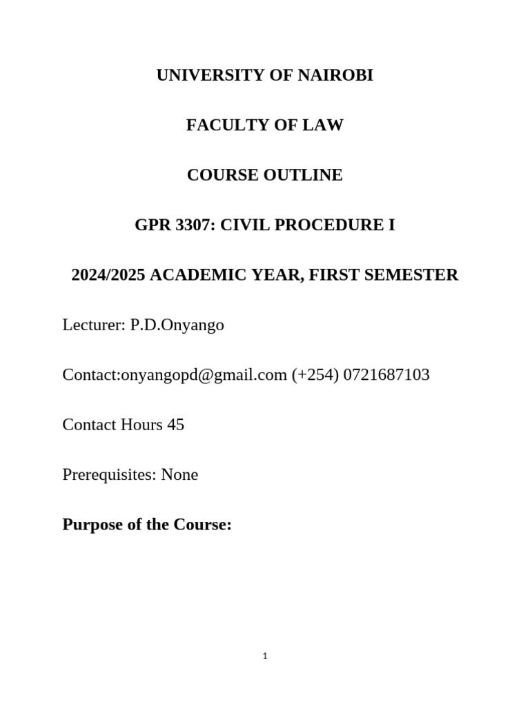 CIVIL PROCEDURE 1 Lecture 1&2 Notes Plus Course Outline 14 09 2024 ...