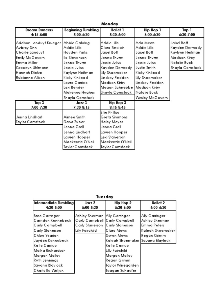 Melinda's Dance Class Schedule | PDF | Dances | Performing Arts