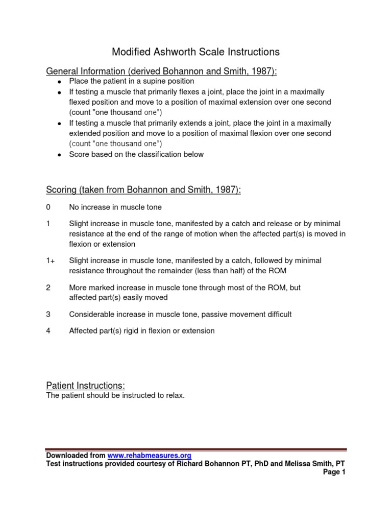 Modified Ashworth Scale Instructions | PDF
