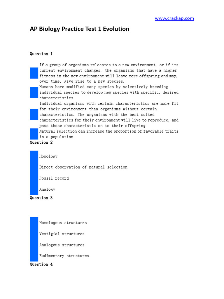 AP Biology Practice Test 1 Evolution | PDF | Natural Selection | Zygosity
