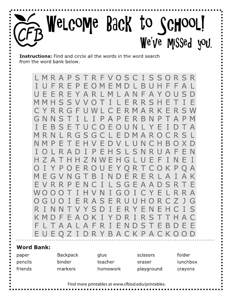 Back To School Word Search | PDF | Wellness