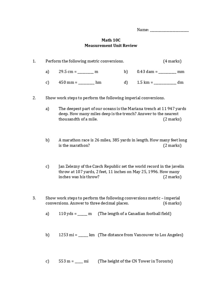 Math 10C Measurement Unit Review | PDF | Volume | Area