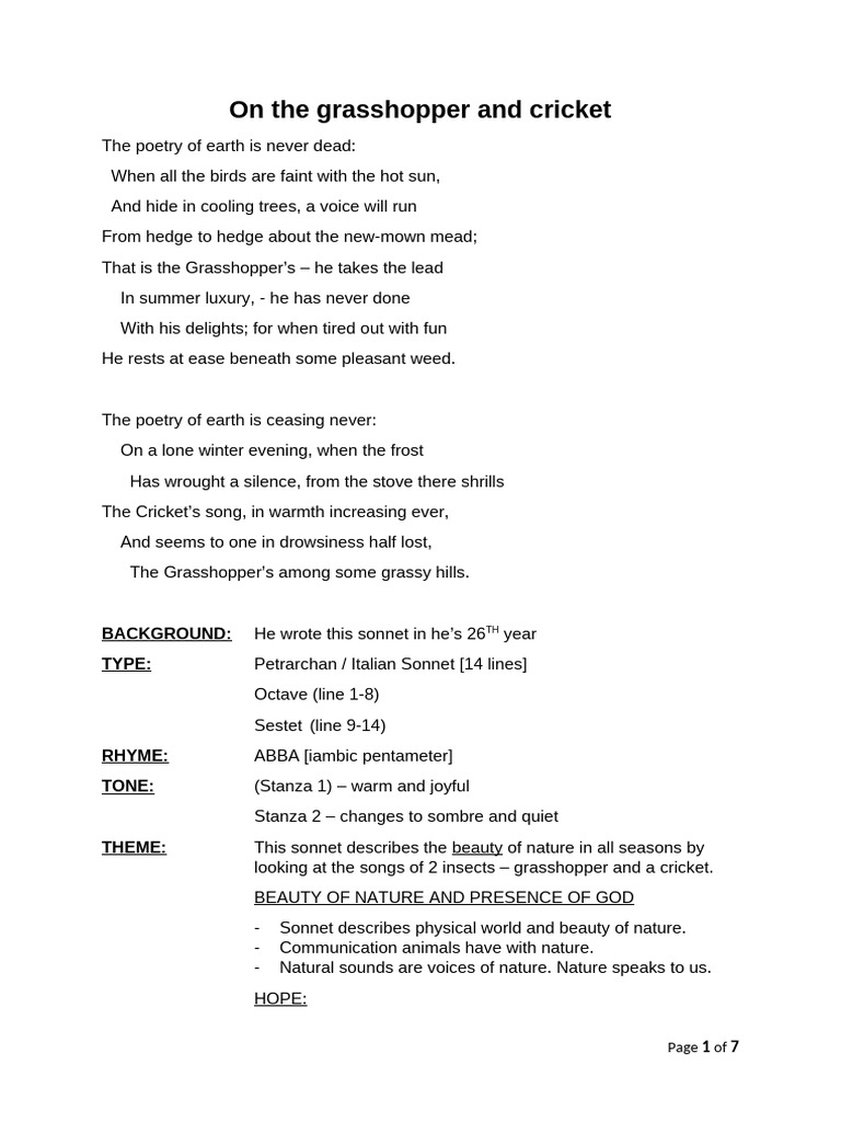 Grasshopper and cricket | PDF | Poetry | Sonnets
