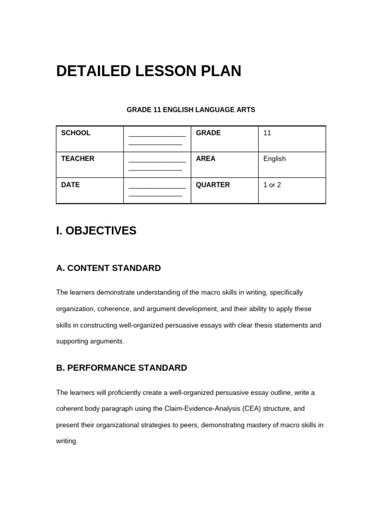 Grade 11 English_ Macro Skills in Writing - Detailed Lesson Plan | PDF ...