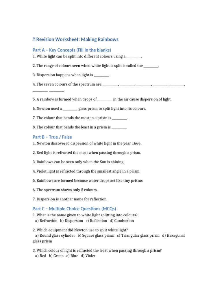 Making_Rainbows_Revision_Worksheet | PDF | Rainbow | Electromagnetic ...