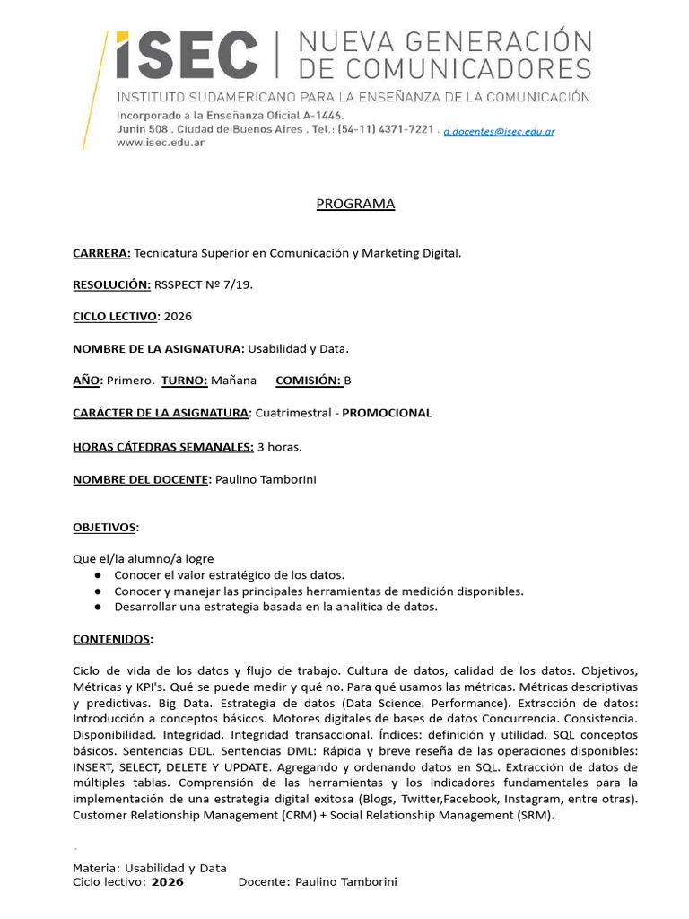 Cm - Programa Usabilidad y Data 2026 - b | PDF | SQL | Gestión de la ...